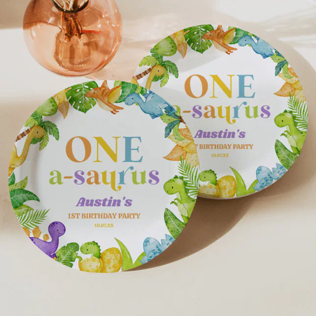 One A-Saurus Dinosaur 1st First Birthday Party Paper Plates | Zazzle