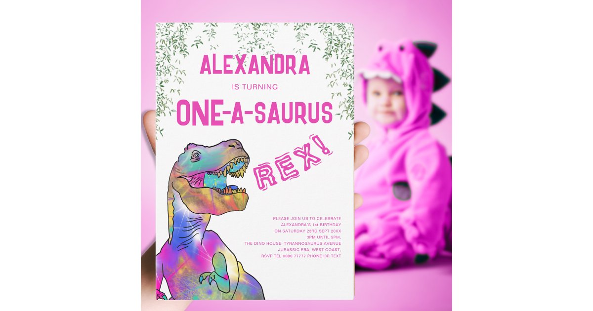 One-A-Saurus Pink Dinosaur 1st Birthday Party Invitation | Zazzle