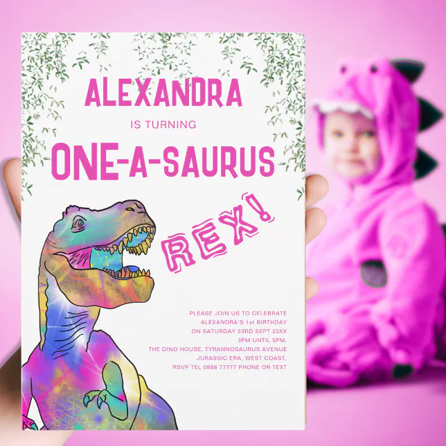 One-A-Saurus Pink Dinosaur 1st Birthday Party Invitation | Zazzle