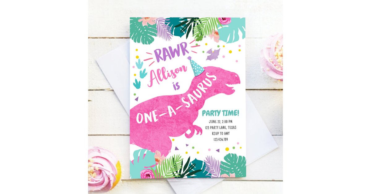 One-A-Saurus Pink Dinosaur Girl 1st First Birthday Invitation | Zazzle