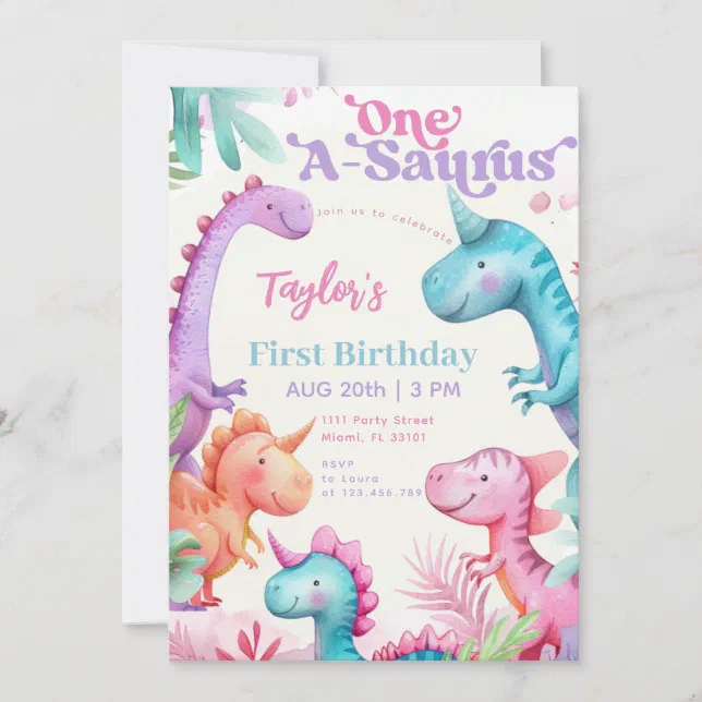 One-A-Saurus Purple Dinosaur Girl First Birthday Invitation | Zazzle