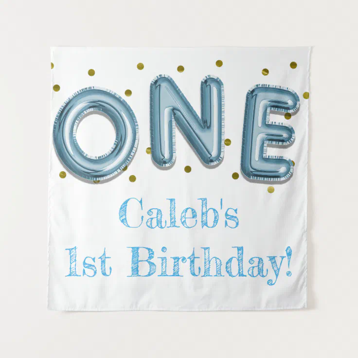 ONE Balloon Blue & Gold Party Photo Backdrop | Zazzle