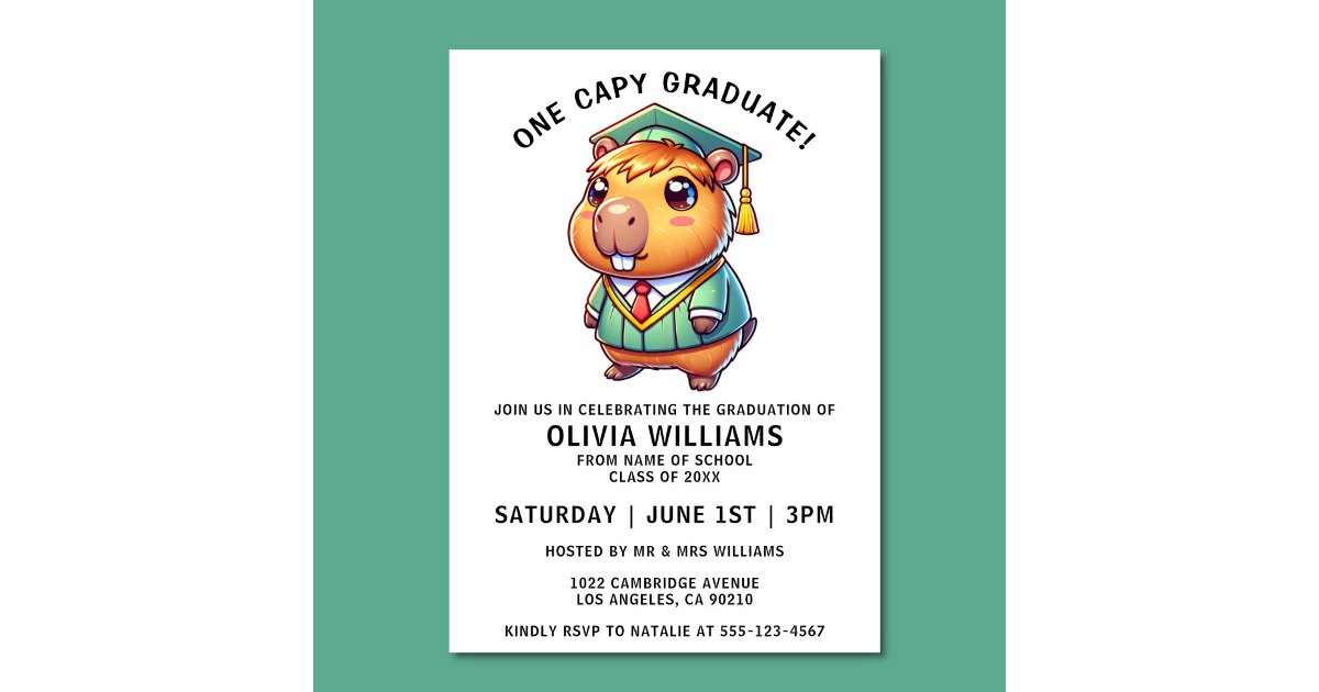 One Capy Graduate Funny Capybara Graduation Party Invitation | Zazzle