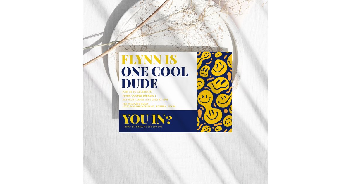 One Cool Dude Happy Face Boy First Birthday Invitation | Zazzle