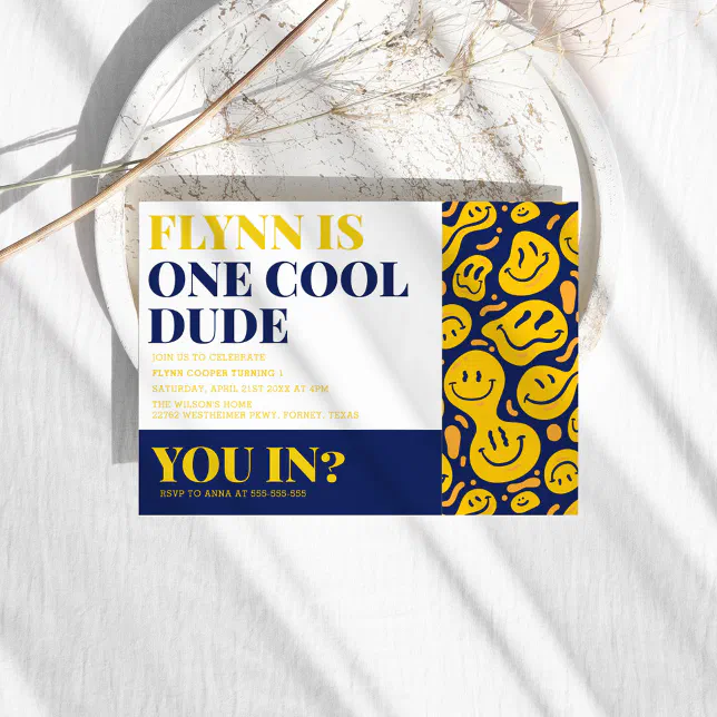 One Cool Dude Happy Face Boy First Birthday Invitation | Zazzle
