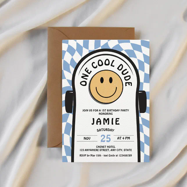 One Cool Dude Retro Skateboard 1st Birthday Invitation | Zazzle