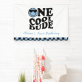 One Cool Dude Wavy Blue Smile Face 1st Birthday Banner | Zazzle