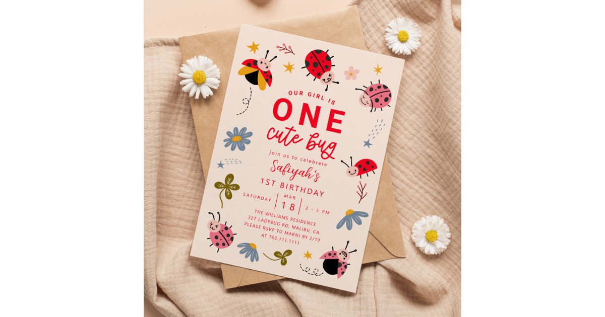 ONE Cute Bug Ladybug 1st Birthday Party Invitation | Zazzle