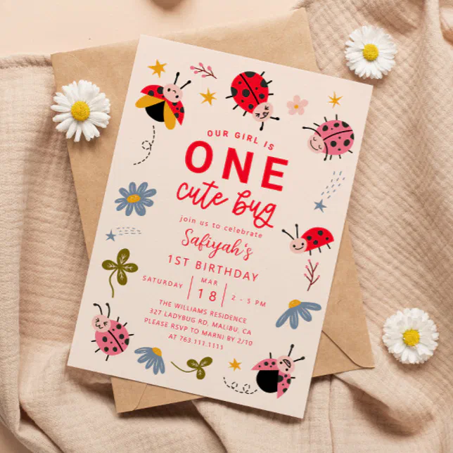 ONE Cute Bug Ladybug 1st Birthday Party Invitation | Zazzle