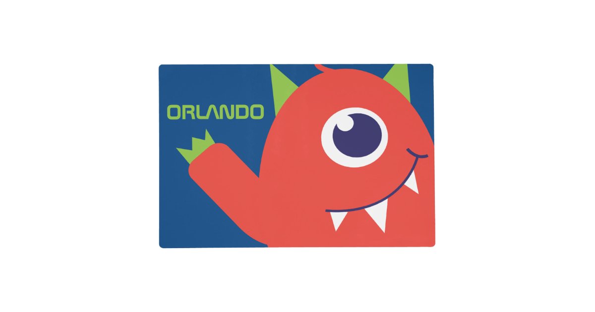 One eyed alien monster orange kids custom name placemat | Zazzle