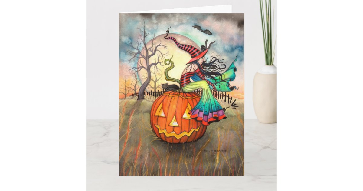 One Giant Pumpkin Halloween Witch Art Card | Zazzle