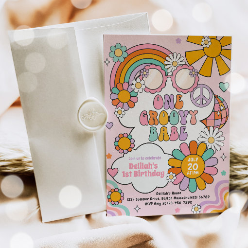 One Groovy Babe 70s Flower Power Rainbow Birthday Invitation | Zazzle