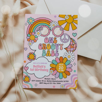One Groovy Babe 70s Flower Power Rainbow Birthday Invitation | Zazzle