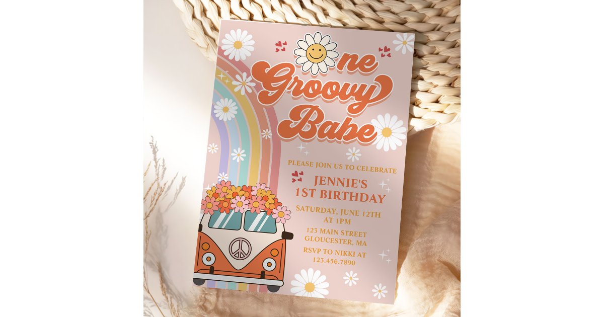 One Groovy Babe Retro Rainbow 1st Birthday Invitation | Zazzle