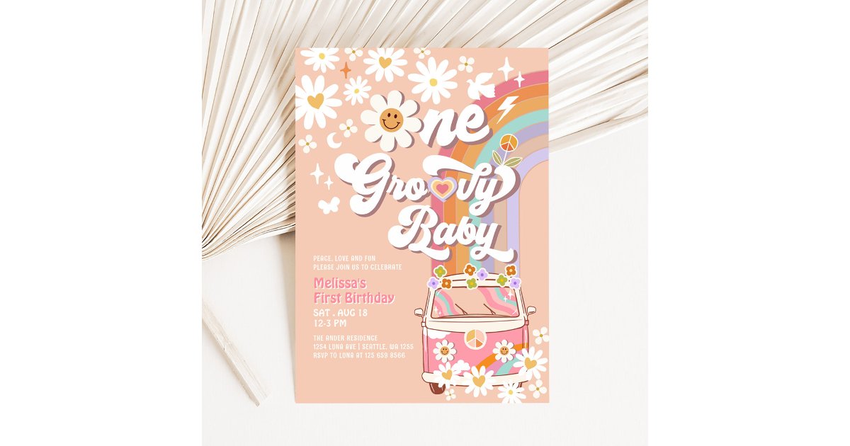 One Groovy Baby Daisy Rainbow 1st Birthday Invitation | Zazzle