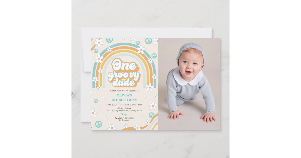 One Groovy Dude Retro Boy 1st Birthday Party Photo Invitation | Zazzle