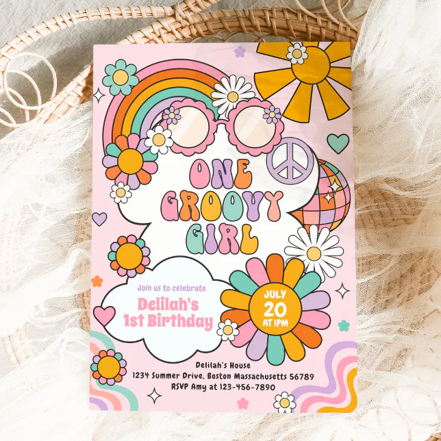 One Groovy Girl 70s Flower Power Rainbow Birthday Invitation | Zazzle