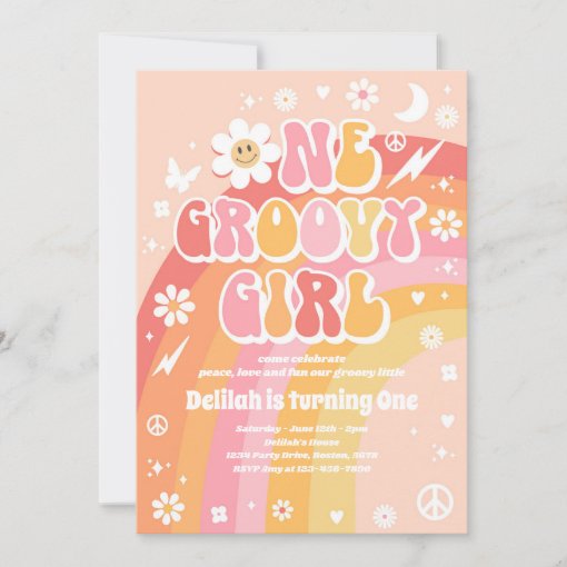 One Groovy Girl Peace Love Party Rainbow Birthday Invitation | Zazzle