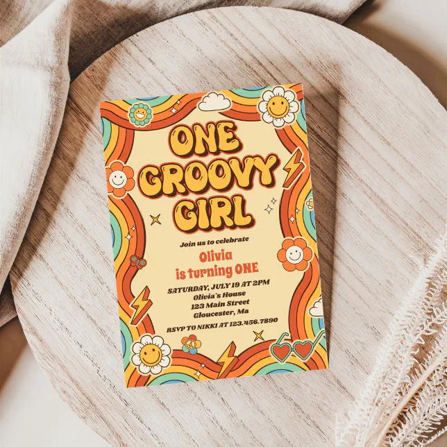 One Groovy Girl Retro Rainbow 1st Birthday Party Invitation | Zazzle