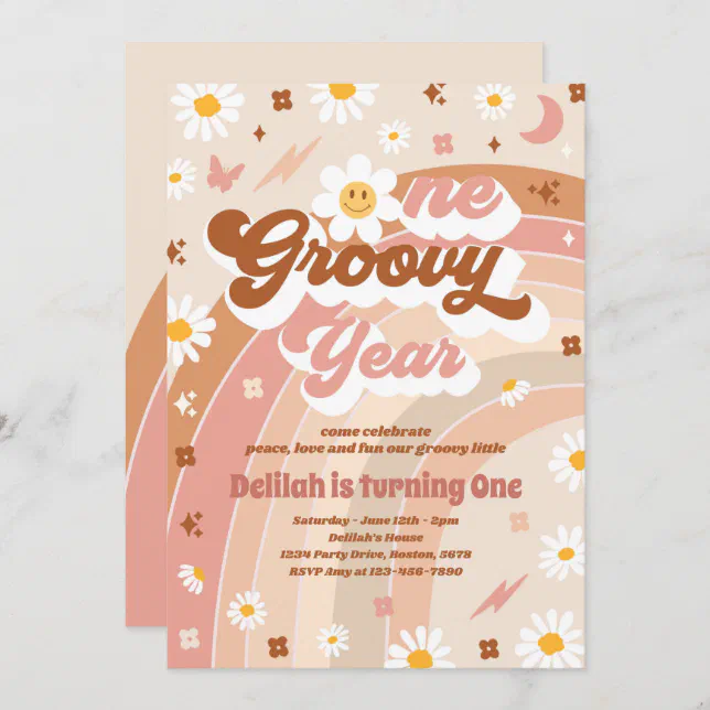 One Groovy Year Peace Love Party Rainbow Birthday Invitation | Zazzle