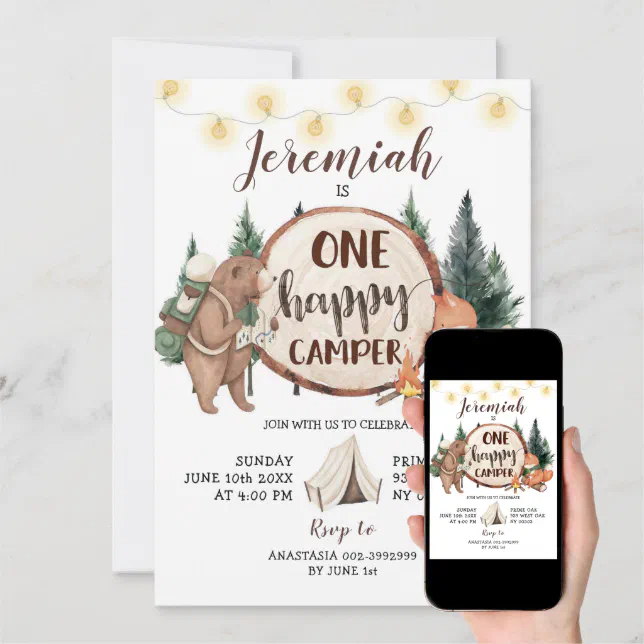 One Happy Camper Camping First Birthday Invitation | Zazzle