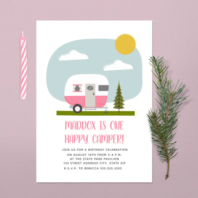 One Happy Camper Pink Trailer Birthday Invitation | Zazzle
