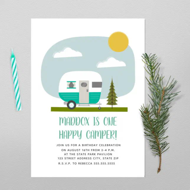 One Happy Camper Turquoise Trailer Birthday Invitation | Zazzle