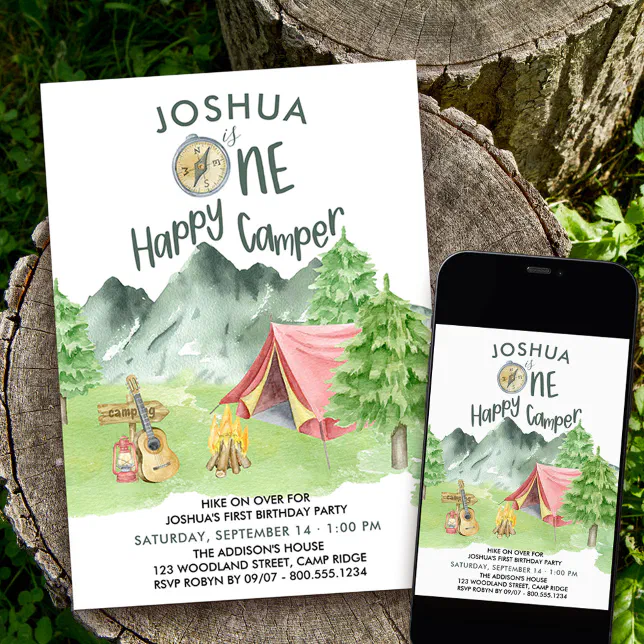 One Happy Camper Watercolor Boys 1st Birthday Invitation | Zazzle