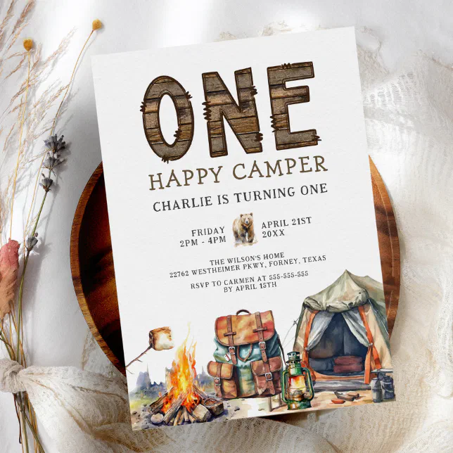 One Happy Camper Woodland Camping 1st Birthday Invitation | Zazzle