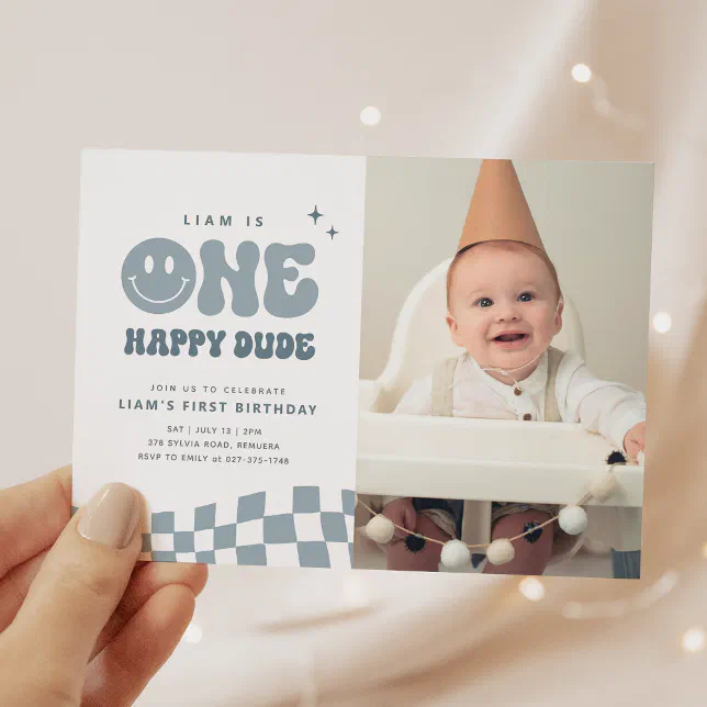 ONE Happy Dude Birthday Party Photo Invitation | Zazzle