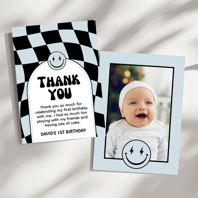 One Happy Dude Blue Check Photo Birthday Thank You Card | Zazzle