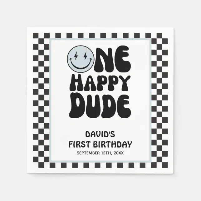 One Happy Dude Blue Cute Boy First Birthday Napkins | Zazzle