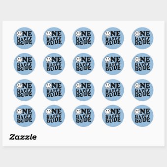 One Happy Dude Blue Preppy Smile First Birthday Classic Round Sticker ...
