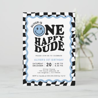 One Happy Dude | Blue Smile Face Boy 1st Birthday Invitation | Zazzle