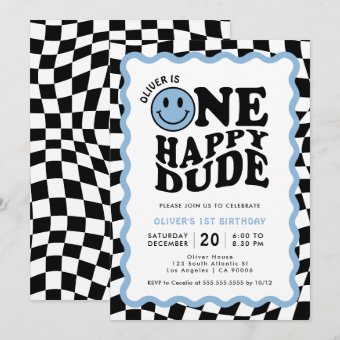One Happy Dude Blue Smile Face Boy 1st Birthday Invitation | Zazzle