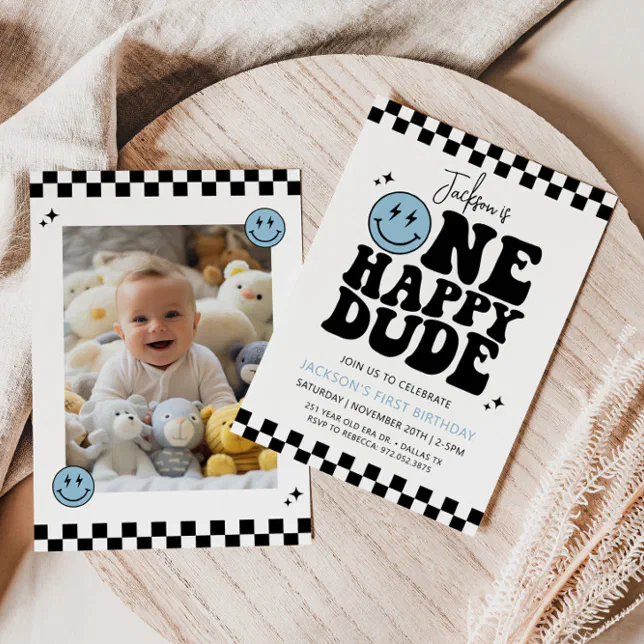 ONE HAPPY DUDE Blue Smile Face First Birthday Invitation | Zazzle