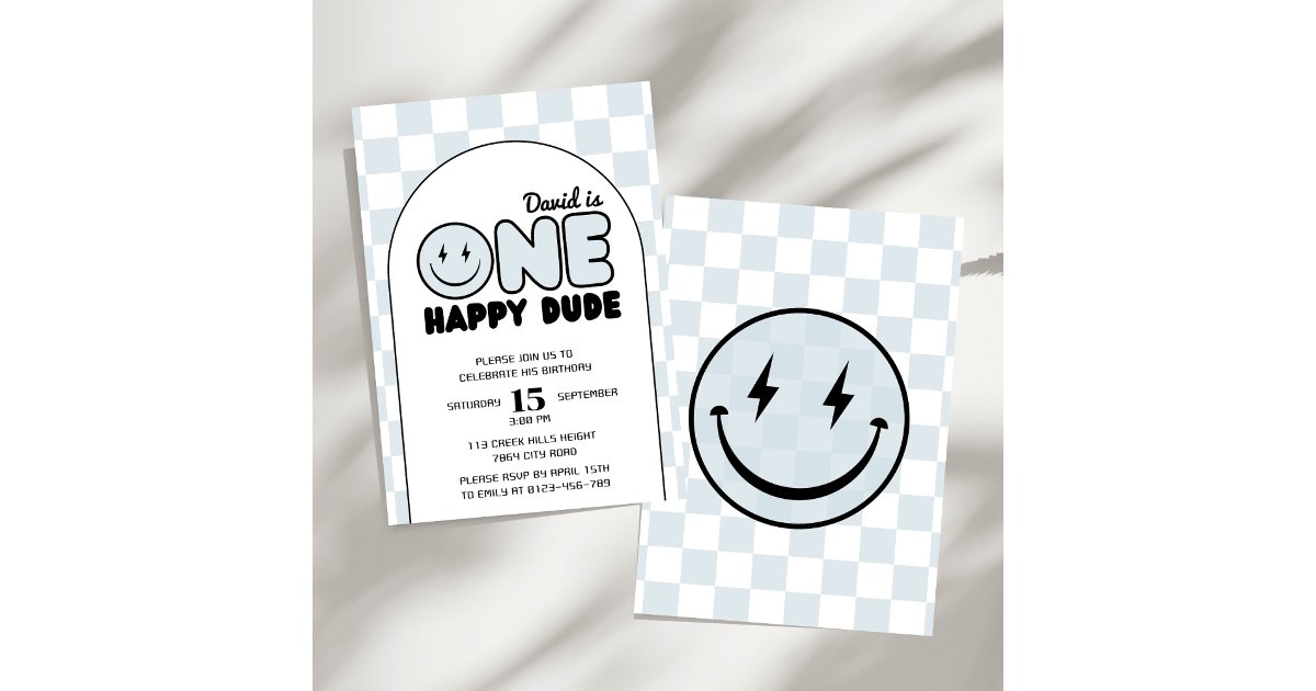 One Happy Dude Groovy Blue Boy Birthday Invitation | Zazzle