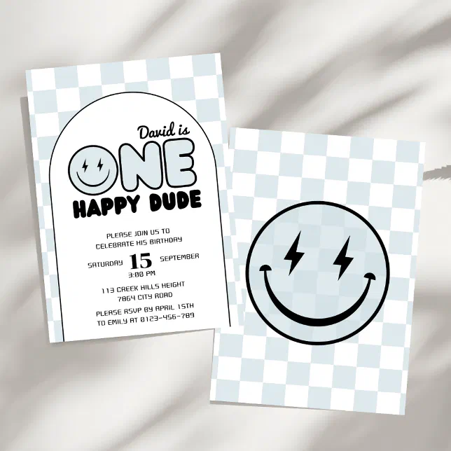 One Happy Dude Groovy Blue Boy Birthday Invitation | Zazzle