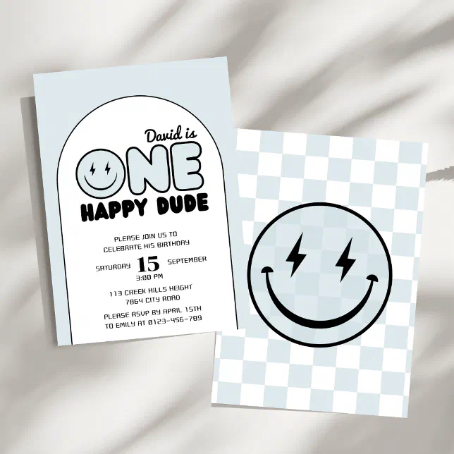 One Happy Dude Groovy Blue Boy Birthday Invitation | Zazzle