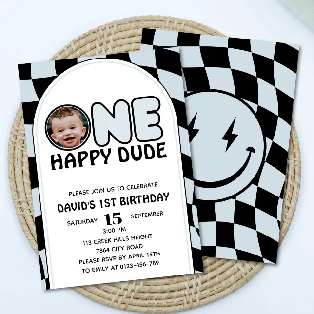 One Happy Dude Groovy Boy Photo Birthday Invitation | Zazzle