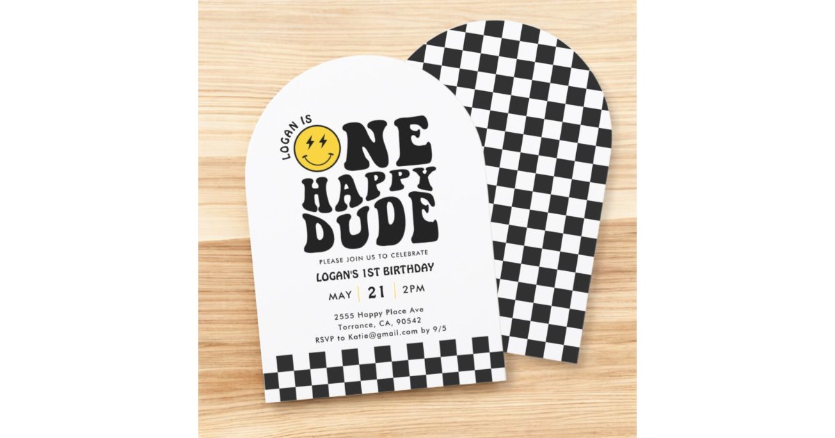 One Happy Dude Happy Face Boy 1st Birthday Arch Invitation | Zazzle