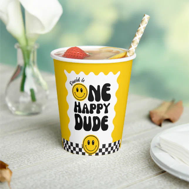 One Happy Dude Happy Face Wavy 1st Birthday Paper Cups | Zazzle