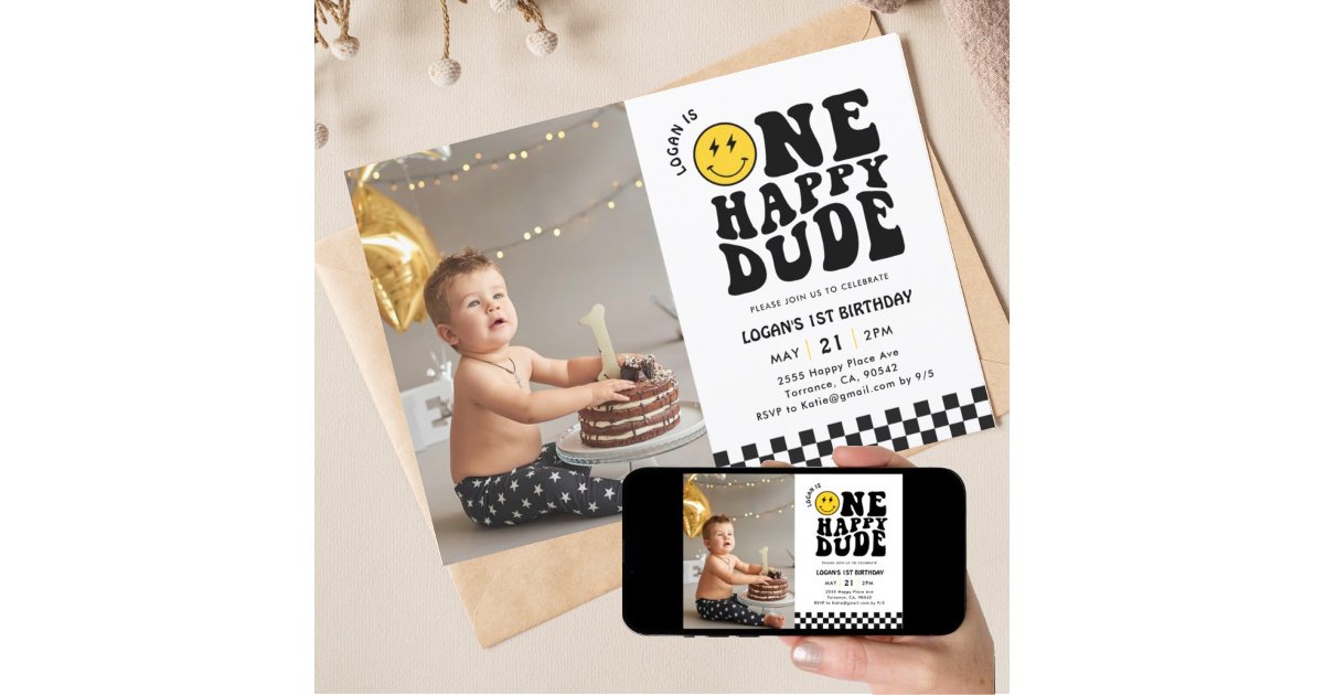 One Happy Dude Smile Face 1st Birthday Photo Invitation | Zazzle