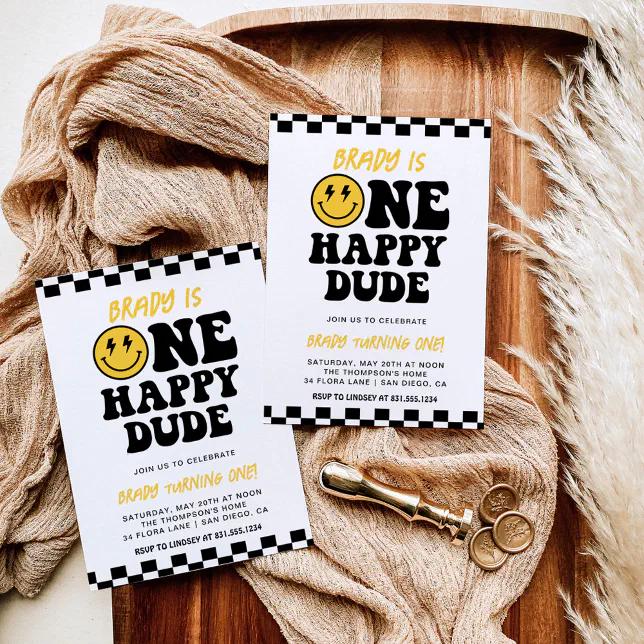 One Happy Dude | Smile Face Boy 1st Birthday Invitation | Zazzle