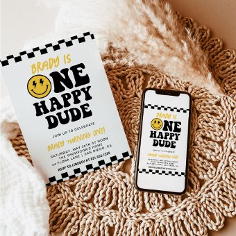One Happy Dude | Smile Face Boy 1st Birthday Invitation | Zazzle