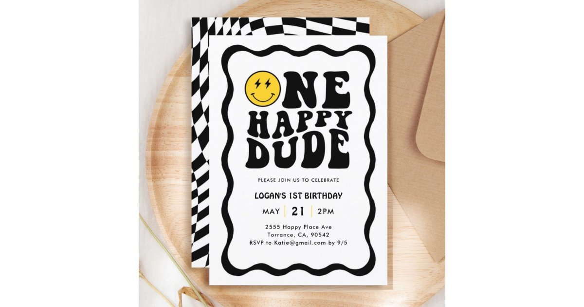 One Happy Dude Smile Face Boy 1st Birthday Invitation | Zazzle