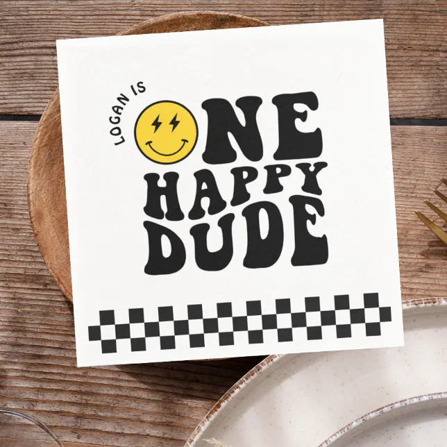 One Happy Dude Smile Face Boy First Birthday Napkins | Zazzle