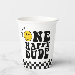 One Happy Dude Smile Face Boy First Birthday Paper Cups | Zazzle