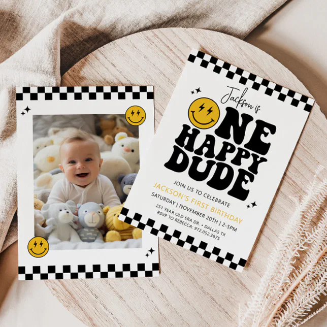 ONE HAPPY DUDE Smile Face First Birthday Invitation | Zazzle