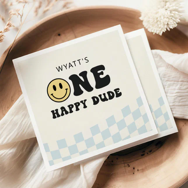 One Happy Dude Smile Face First Birthday Napkins | Zazzle